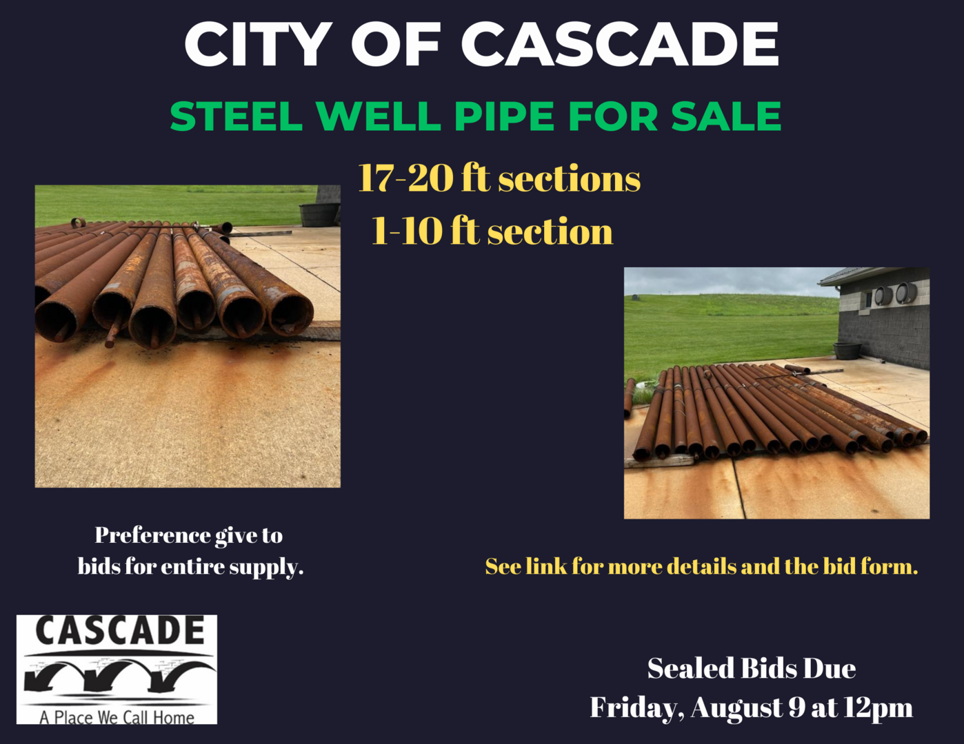City of Cascade - Steel Well Pipe for Sale